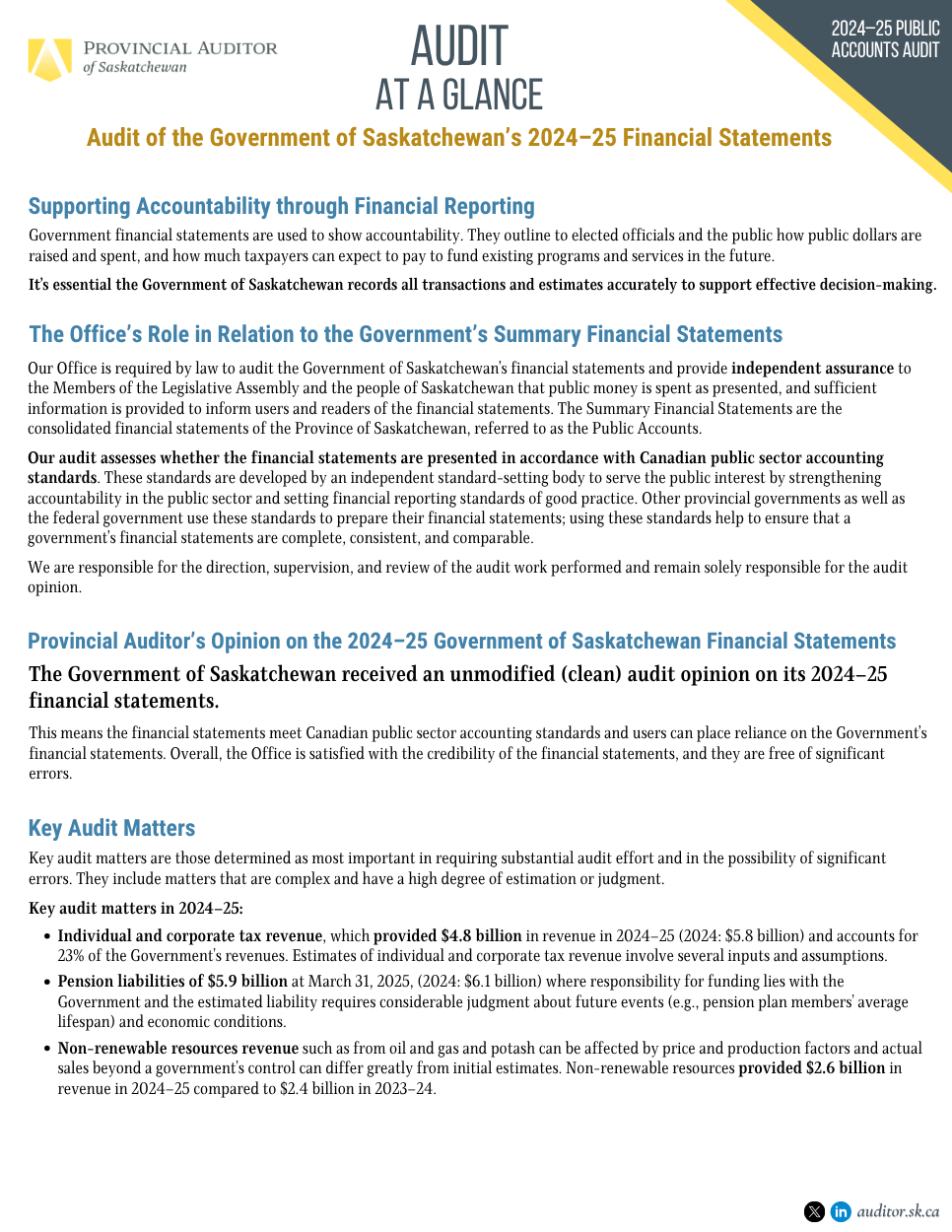 Audit of the Government of Saskatchewan’s 2024–25 Financial Statements « Provincial Auditor of ...
